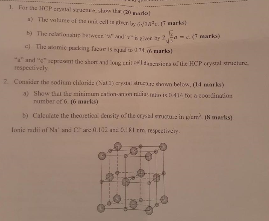 Solved 1. For the HCP crystal structure, show that (20 | Chegg.com