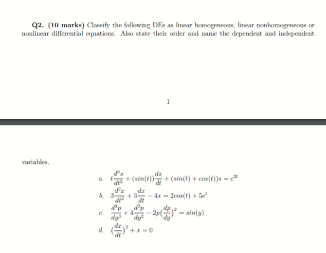 Solved Q1. Part a. (6 marks) Identify Ordinary Differential | Chegg.com