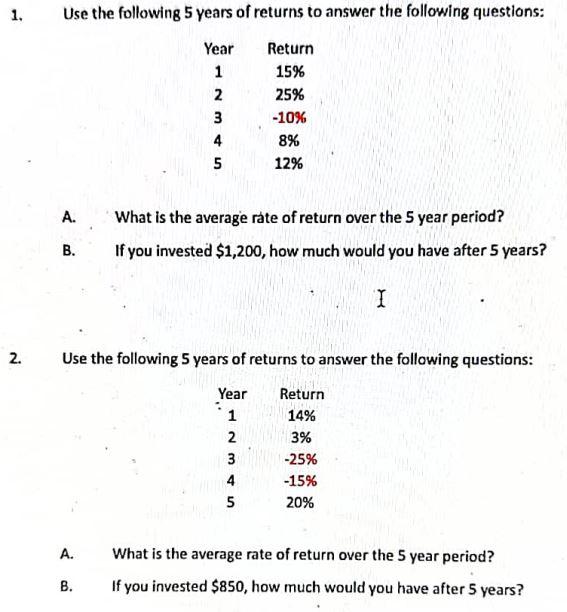 Solved Use the following 5 years of returns to answer the | Chegg.com