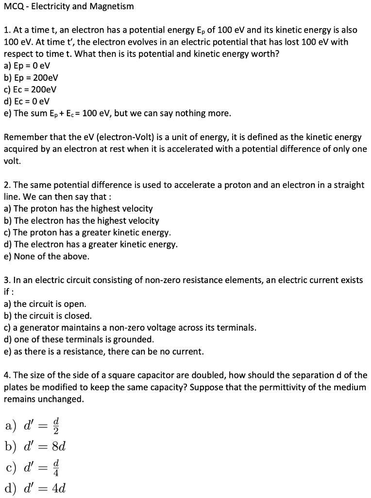 Solved MCQ - Electricity and Magnetism 1. At a time t, an | Chegg.com