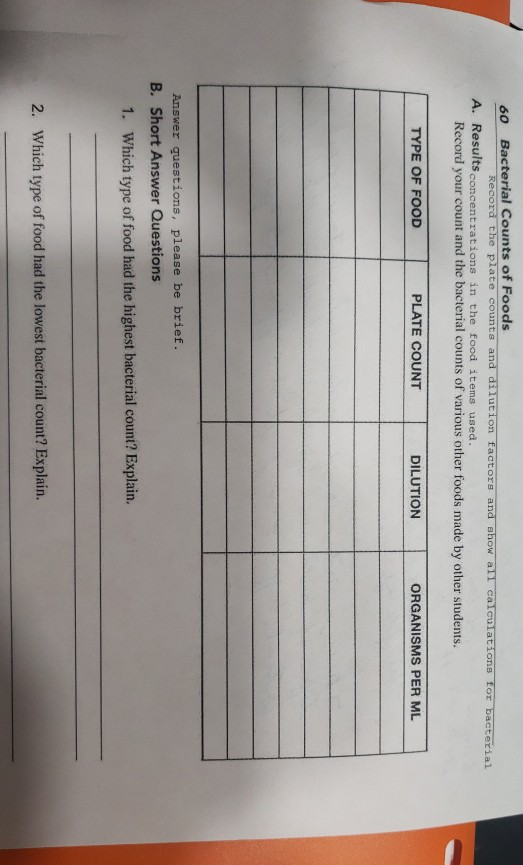 60 Bacterial Counts of Foods Record the plate counts | Chegg.com