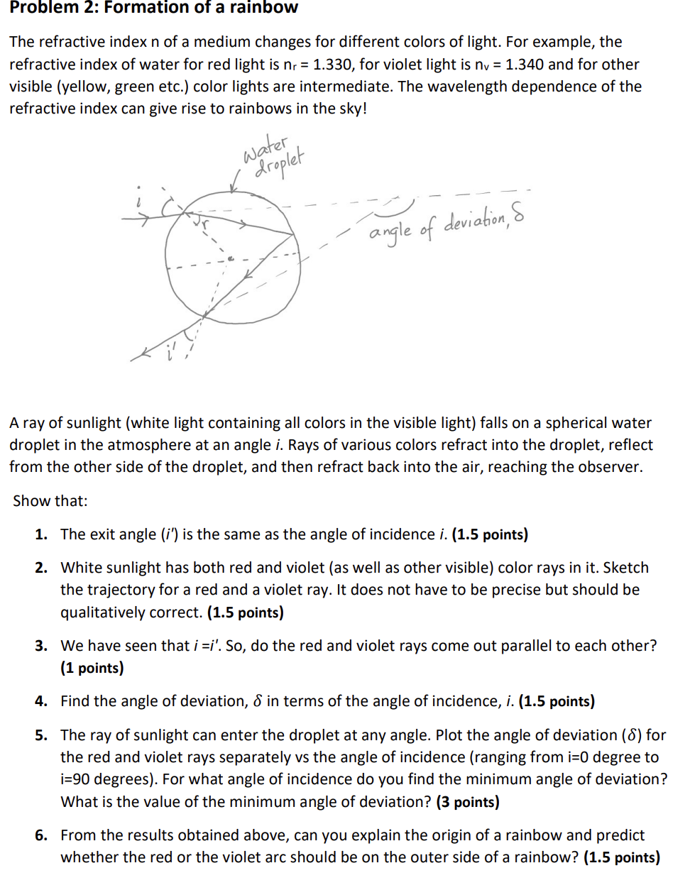 Solved Problem 2: Formation of a rainbow The refractive | Chegg.com
