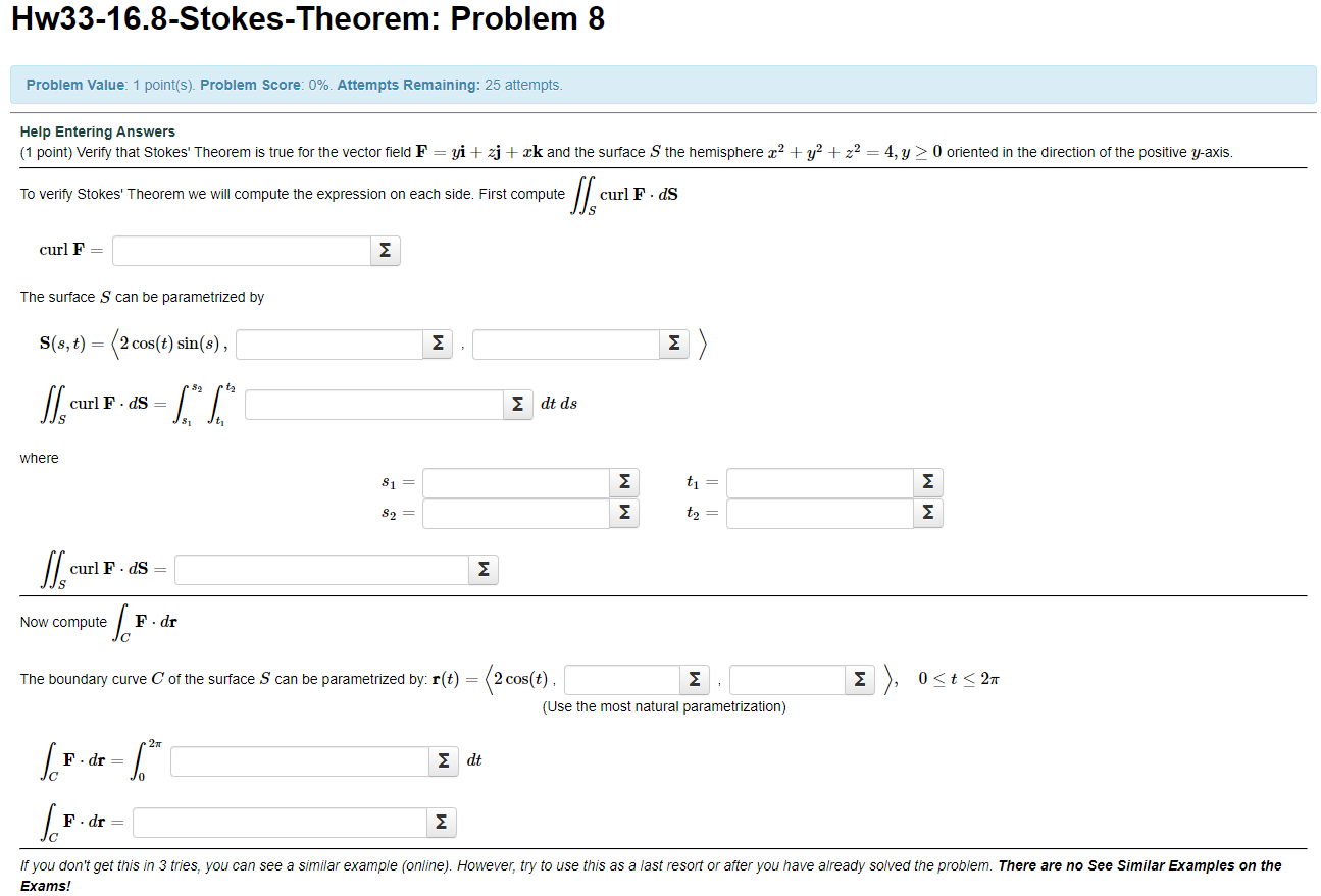 Solved Hw33-16.8-Stokes-Theorem: Problem 8 Problem Value: 1 | Chegg.com