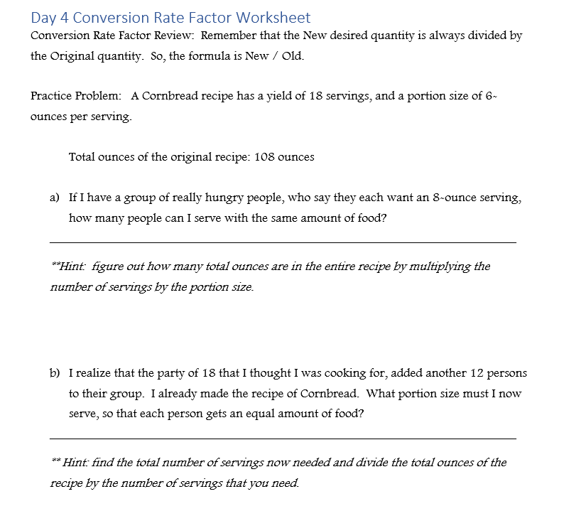 Solved Day 4 Conversion Rate Factor Worksheet Conversion | Chegg.com