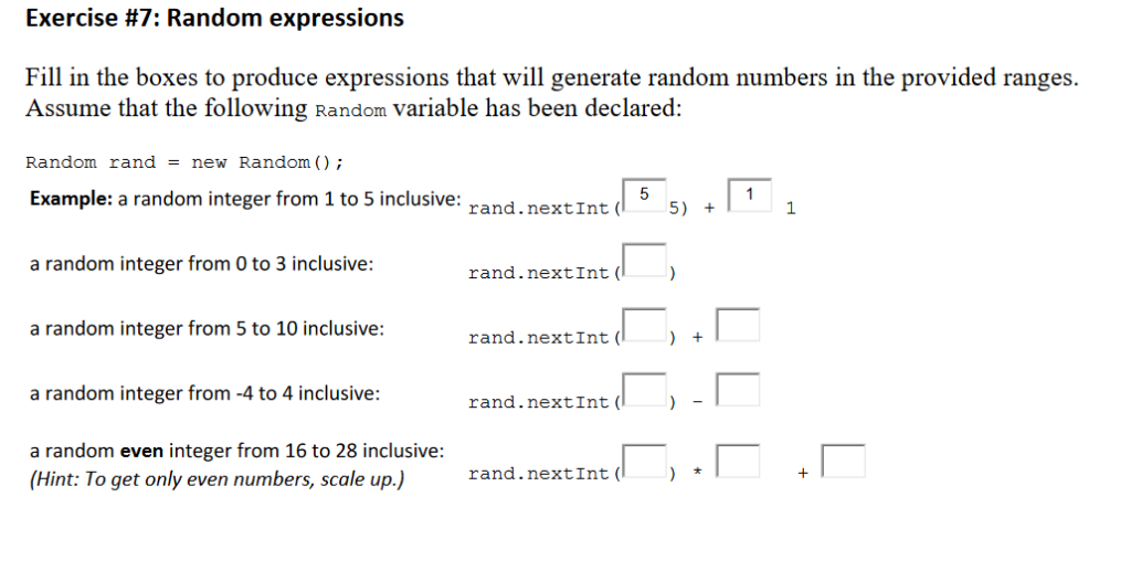 Solved Exercise #7: Random expressions Fill in the boxes to | Chegg.com