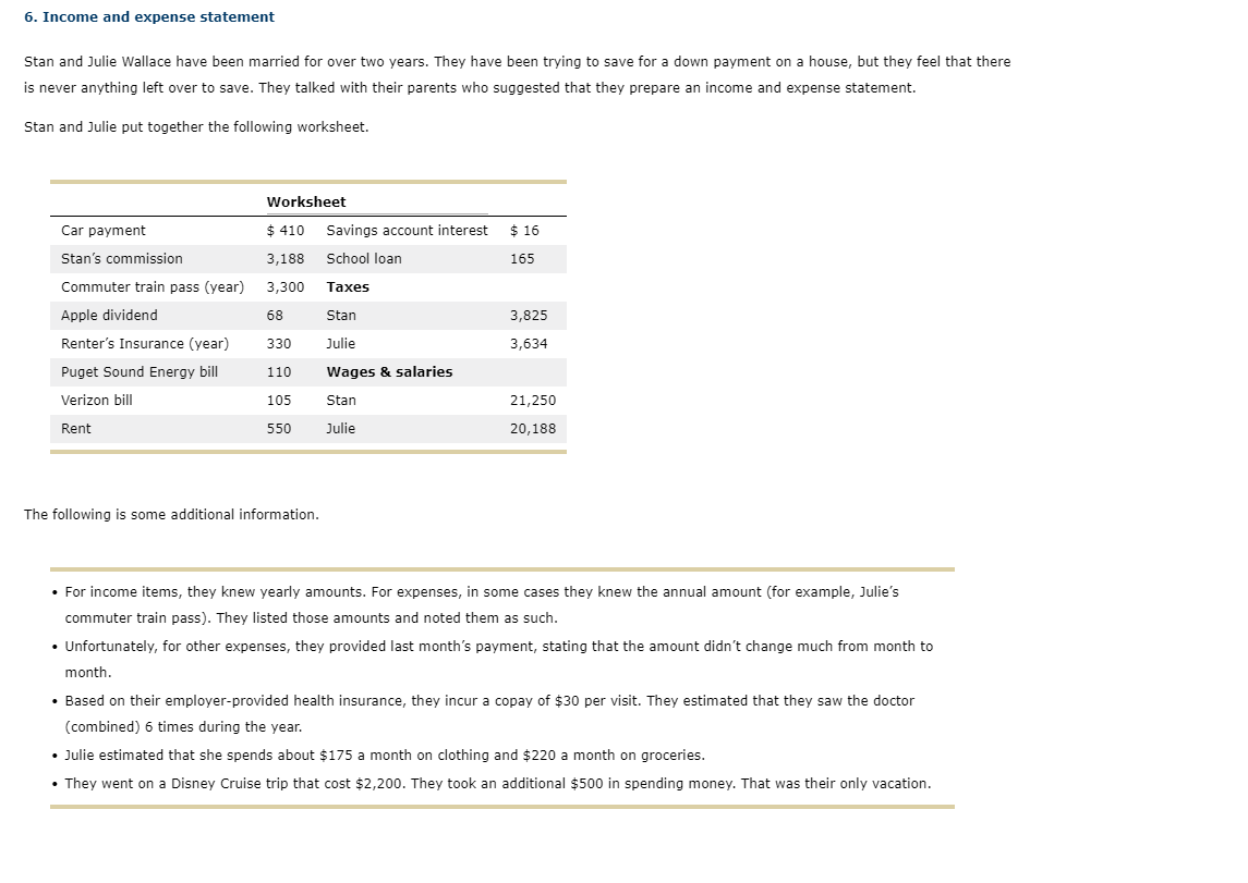 [Solved]: 6. Income and expense statement Stan and Julie W