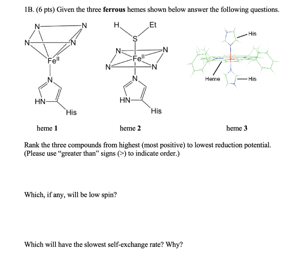 Solved 1B. (6 pts) Given the three ferrous hemes shown below | Chegg.com