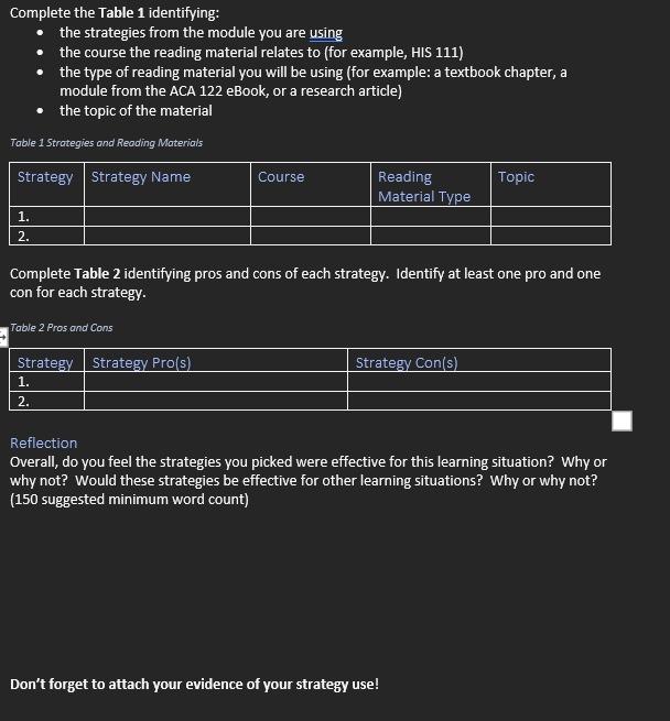 Complete the Table 1 identifying: - the strategies | Chegg.com