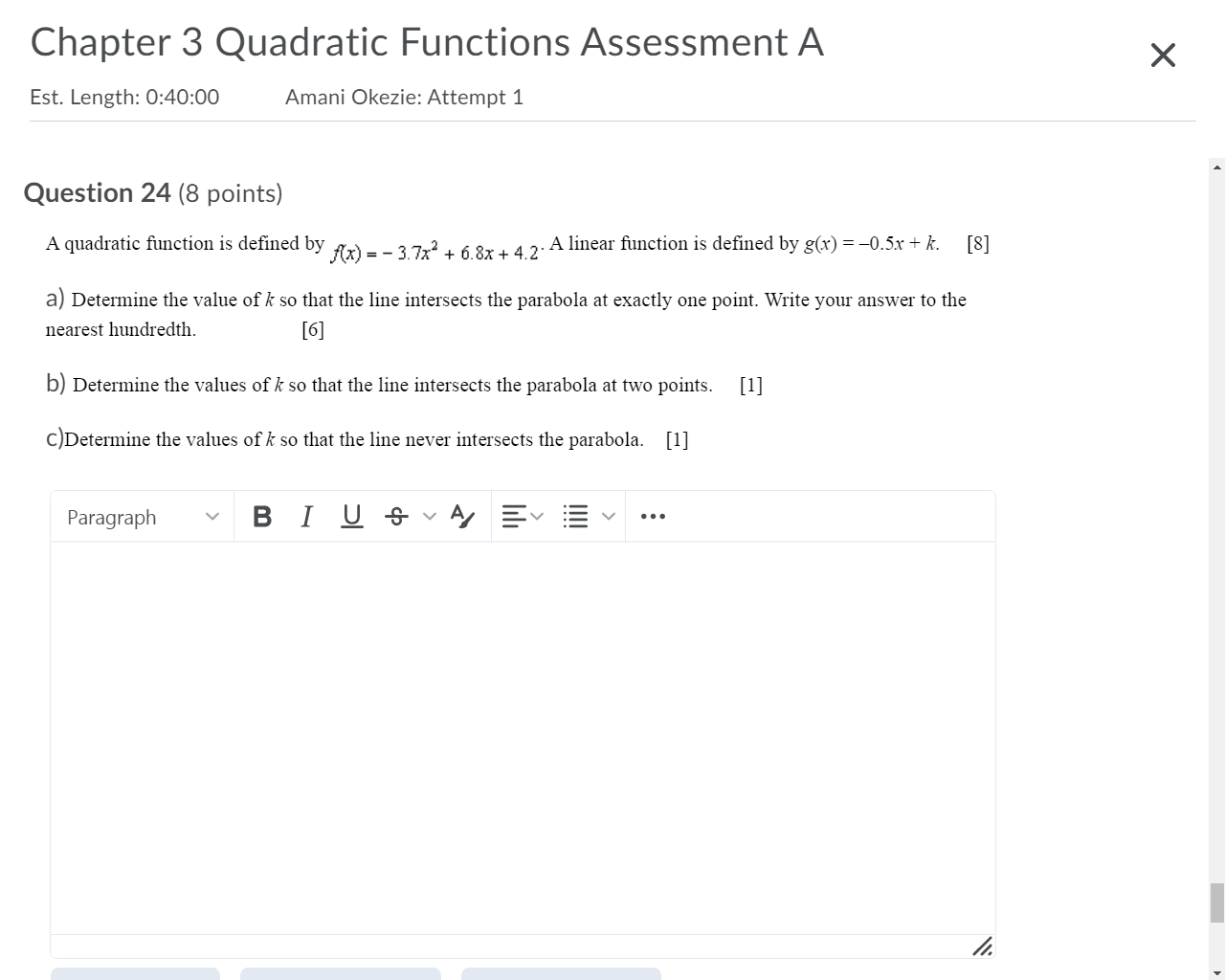 Solved Chapter 3 Quadratic Functions Assessment A Х Est. | Chegg.com