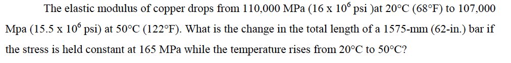 Solved The elastic modulus of copper drops from 110,000 MPa | Chegg.com