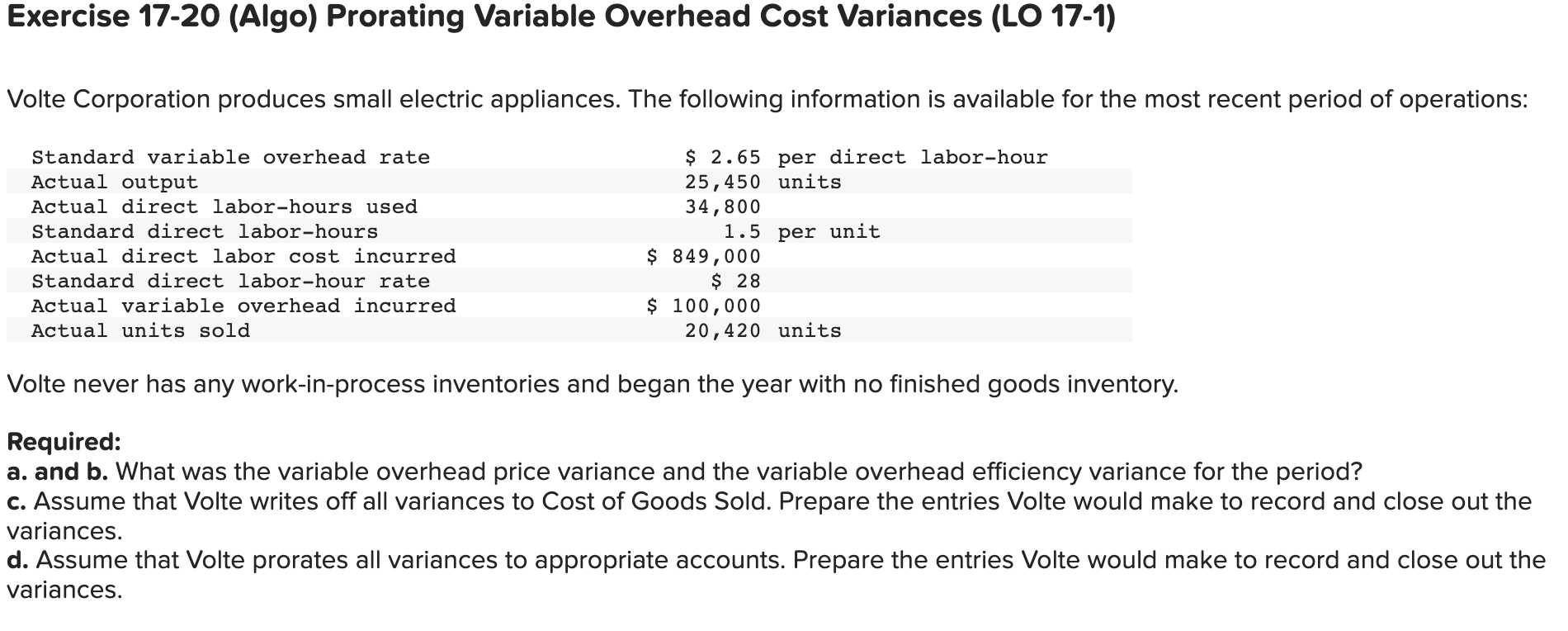 Solved Exercise 17-20 (Algo) Prorating Variable Overhead | Chegg.com