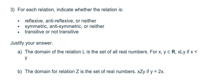 Solved 3) For each relation, indicate whether the relation | Chegg.com