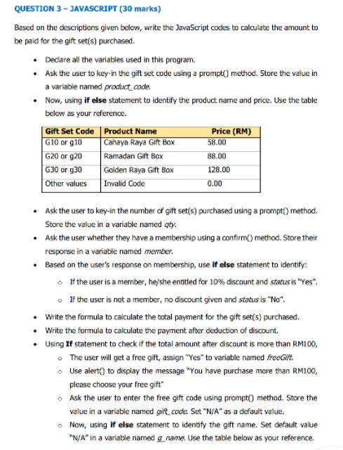 Solved QUESTION 3 - JAVASCRIPT (30 marks) Based on the | Chegg.com