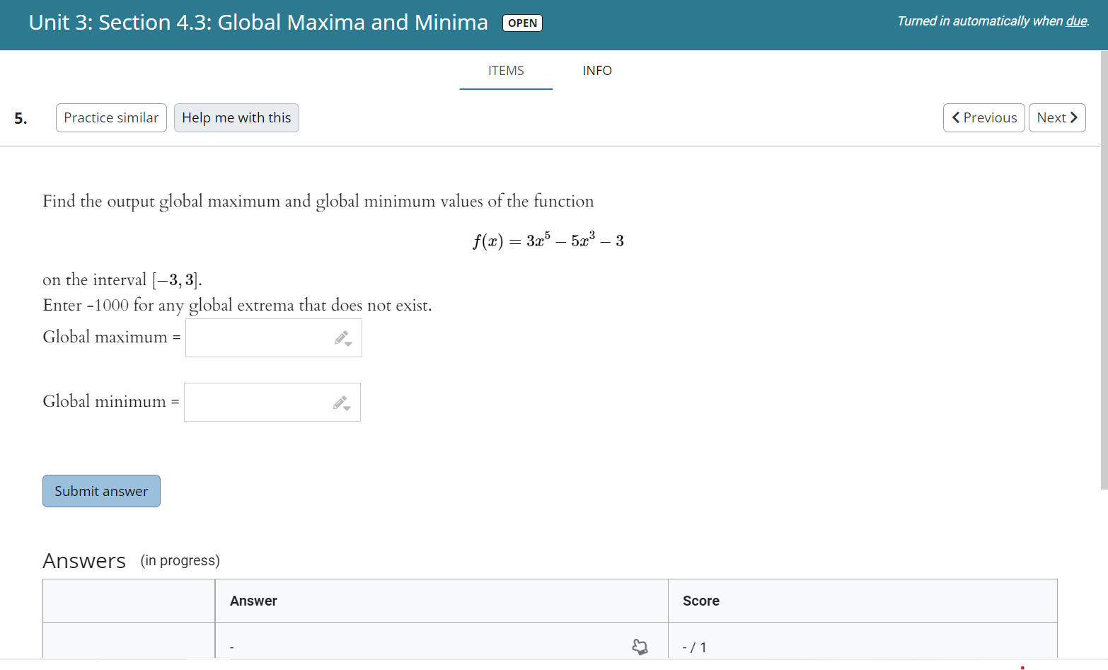 Solved Unit 3: Section 4.3: Global Maxima and Minima OPEN | Chegg.com