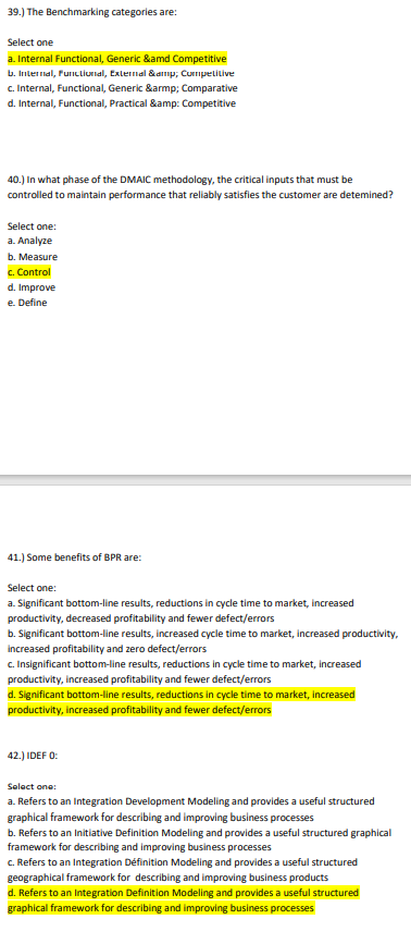Solved 39.) The Benchmarking categories are: Select one a. | Chegg.com