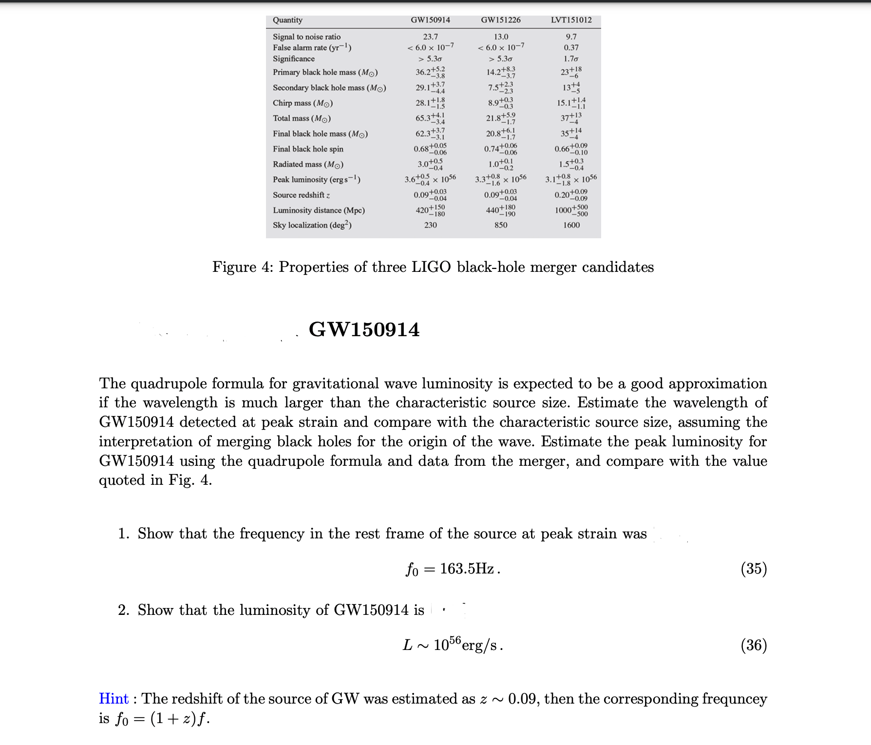 Solved Figure 4: Properties of three LIGO black-hole merger | Chegg.com