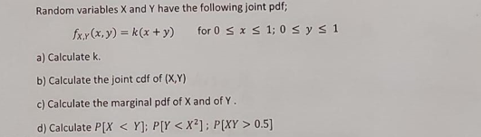 Random variables X and Y have the following joint | Chegg.com