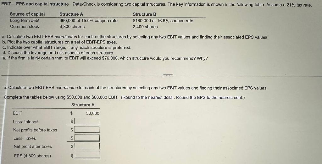 Solved a. Calculate two EBIT-EPS coordinates for each of the | Chegg.com