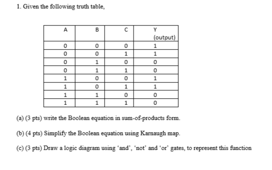 Solved 1. Given the following truth table, A B C (output) 0 | Chegg.com