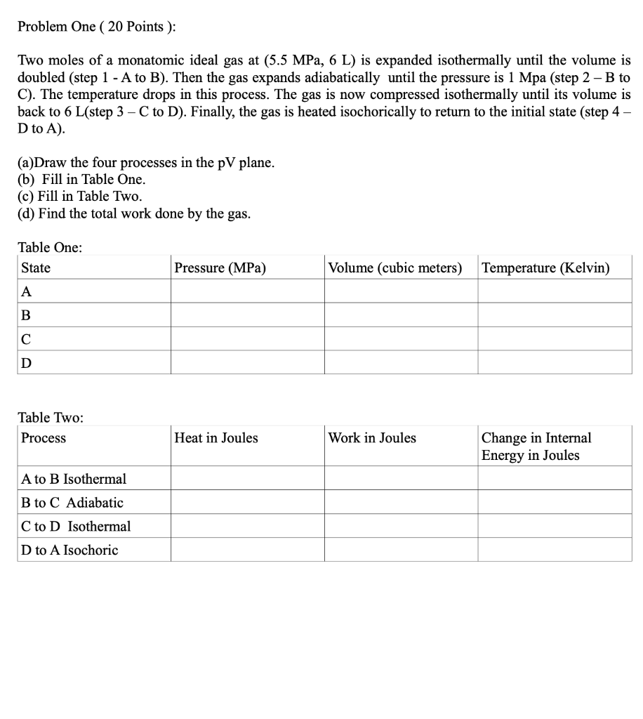 Solved Problem One ( 20 Points ): Two moles of a monatomic | Chegg.com