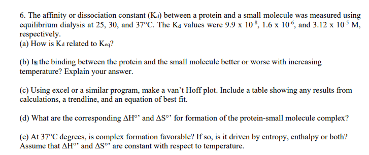 Solved 6. The affinity or dissociation constant (Kd) between | Chegg.com