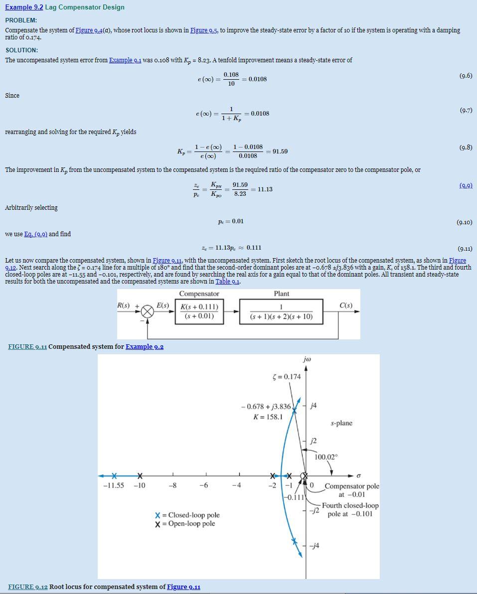 Solved Example 9.2 Lag Compensator Design PROBLEM: | Chegg.com