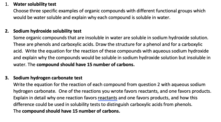 Solved 1. Water solubility test Choose three specific | Chegg.com