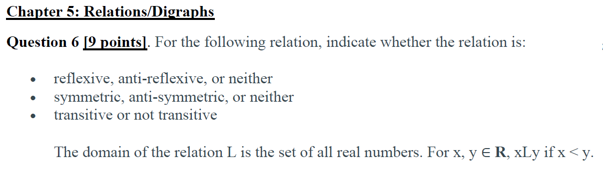 Solved Chapter 5: Relations/Digraphs Question 6 [9 points). | Chegg.com