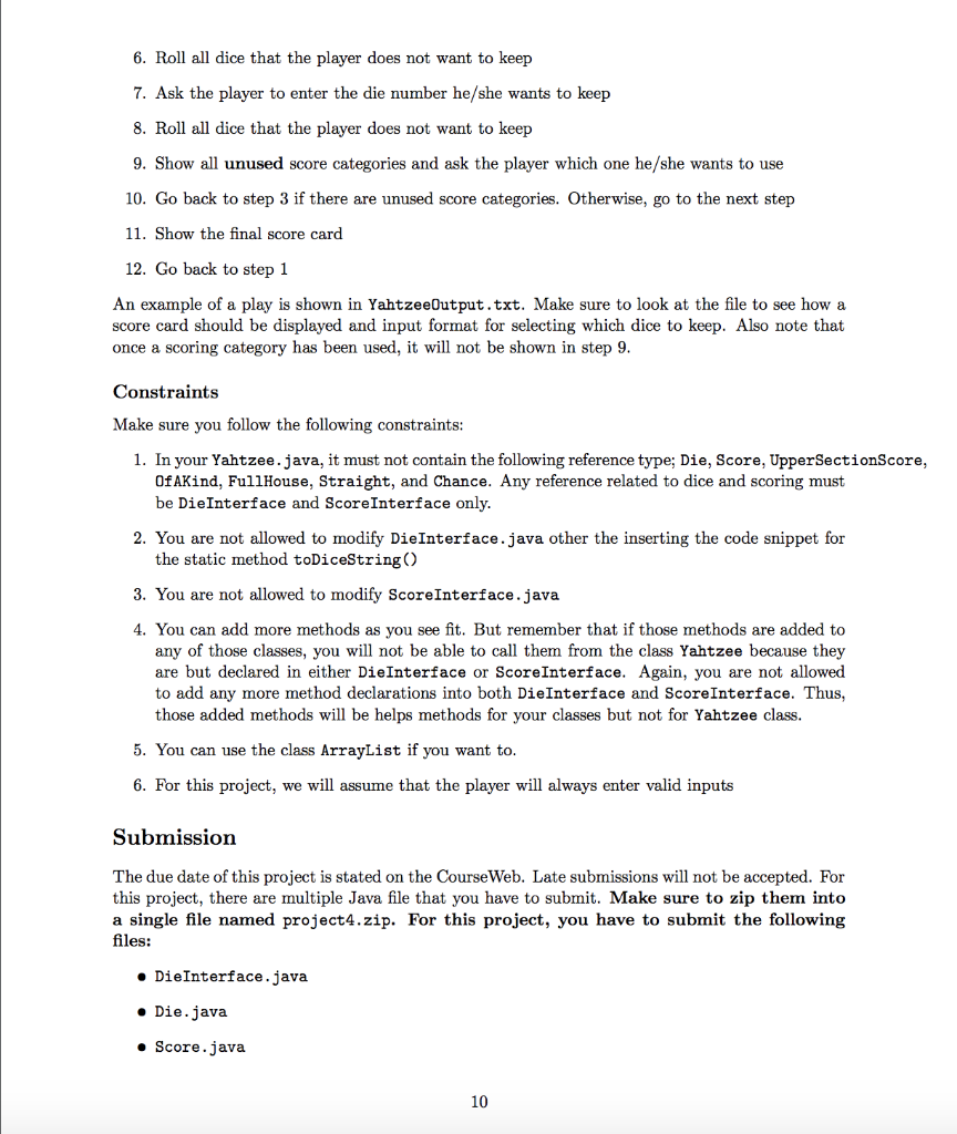 Project 4 - Yahtzee (Object-Oriented Programming) CS | Chegg.com