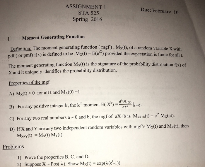 Solved The Moment Generating Function Mgf M X T Of A
