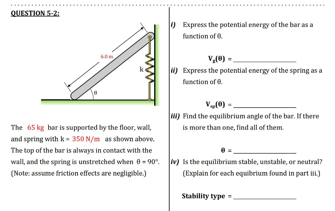 Solved i) Express the potential energy of the bar as a | Chegg.com