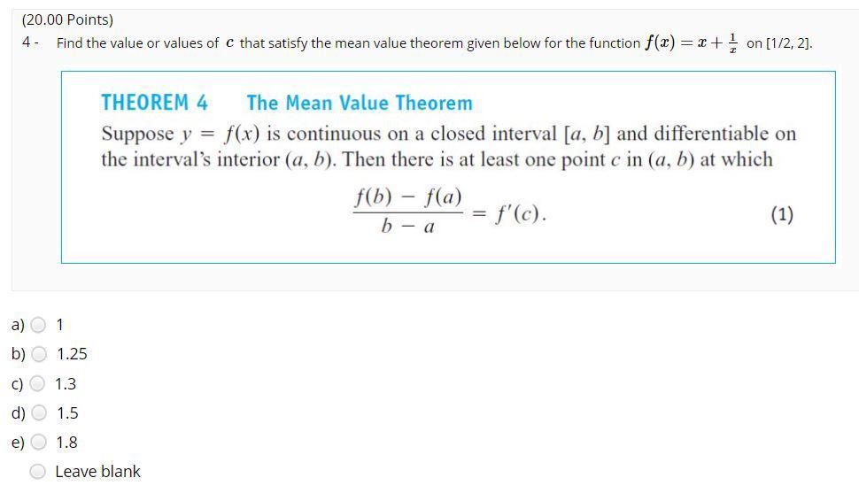 Solved 00 Points) Find the value or values of c that satisfy | Chegg.com