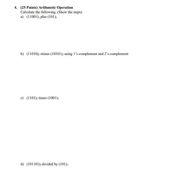 Solved 4. (25 Points) Arithmetic Operation Calculate the | Chegg.com