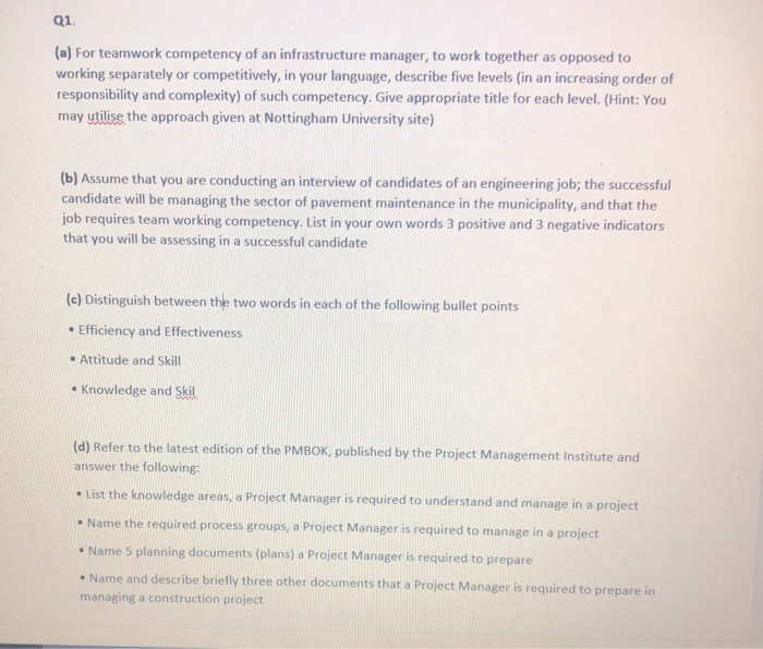 Solved Q1. (a) For teamwork competency of an infrastructure | Chegg.com