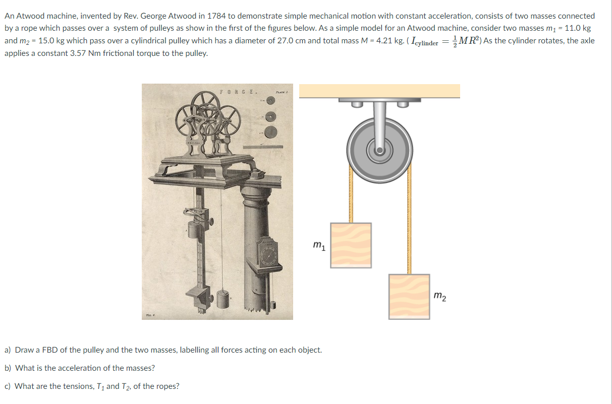 Solved An Atwood machine, invented by Rev. George Atwood in | Chegg.com