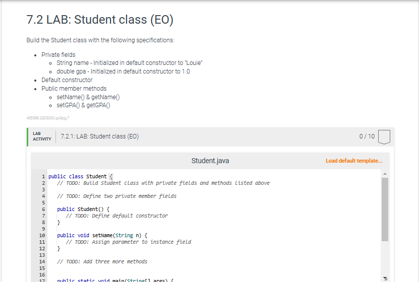 Solved 7.2 LAB: Student class (EO) Build the Student class | Chegg.com