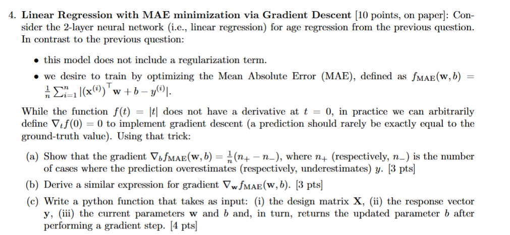 Linear Regression with MAE minimization via Gradient | Chegg.com