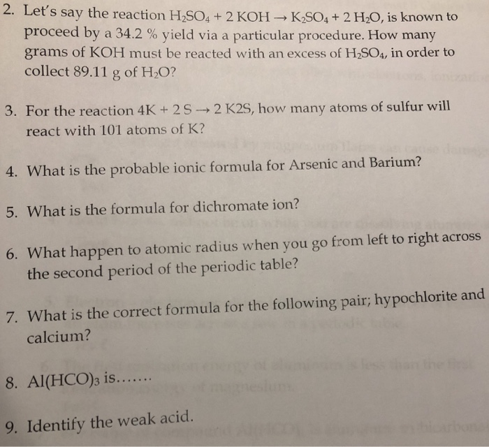 Solved 2. Let's say the reaction H2SO2 + 2 KOH ? K2SO1 + 2 | Chegg.com