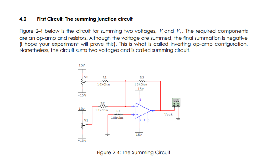 Solved 4.0 First Circuit: The summing junction circuit | Chegg.com