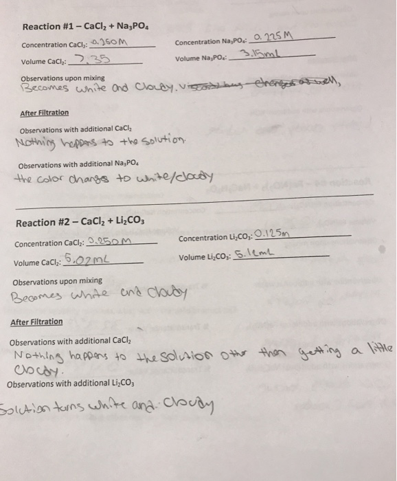 Solved Reaction #1-CaCl2 + Na,PO4 Concentration Cach,: .360M | Chegg.com