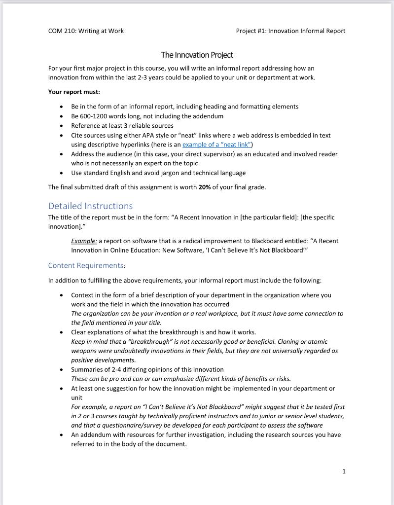 Solved COM 210: Writing at Work Project #1: Innovation | Chegg.com