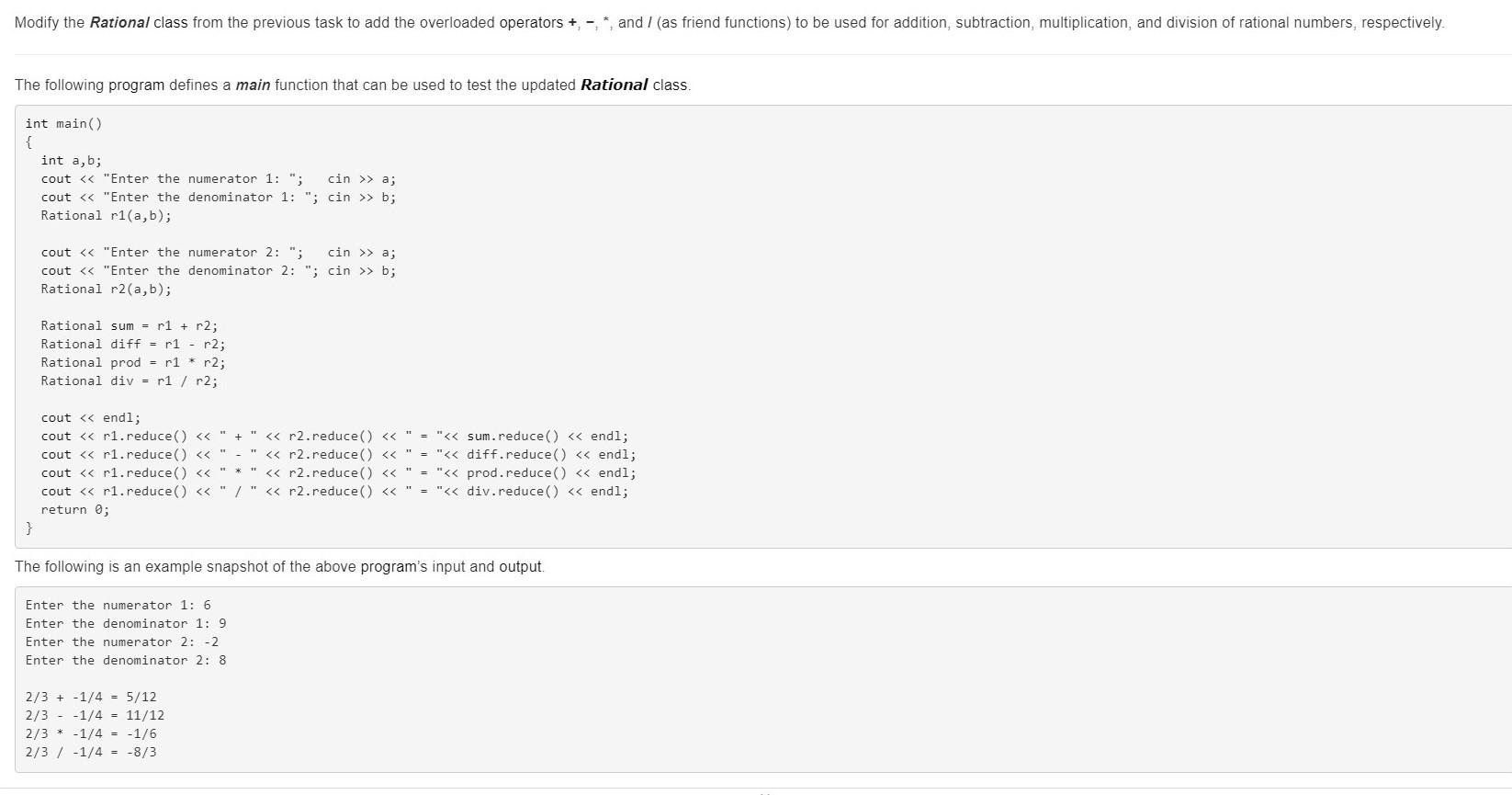Solved Modify the Rational class from the previous task to | Chegg.com