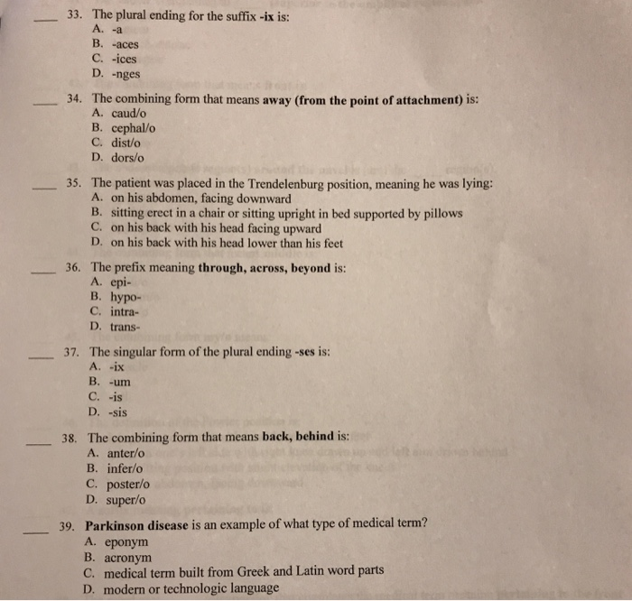 Solved 33. The plural ending for the suffix -ix is: B. -aces | Chegg.com