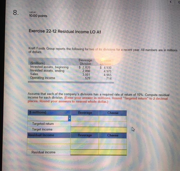 Solved value. 10.00 points Exercise 22-12 Residual income LO | Chegg.com Solved value. 10.00 points Exercise 22-12 Residual income LO | Chegg.com