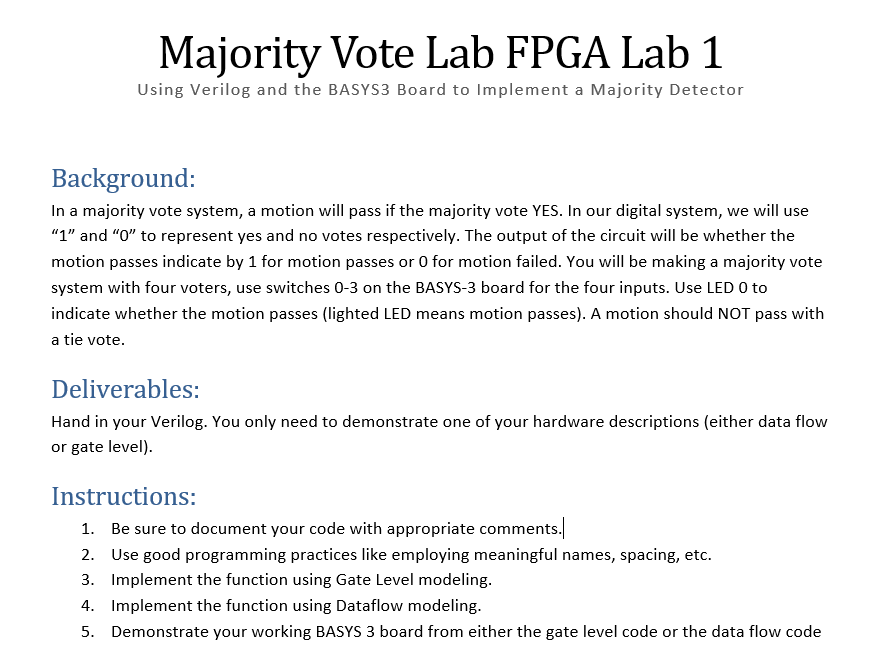 Solved Majority Vote Lab Fpga Lab 1 Using Verilog And The