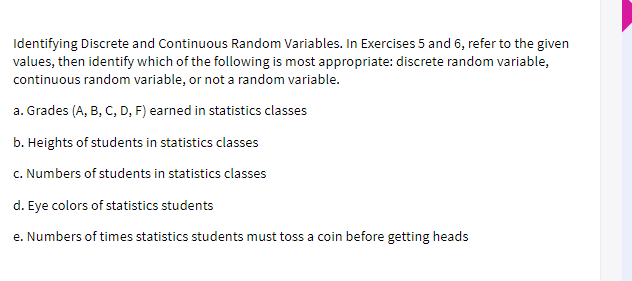 Solved Identifying Discrete and Continuous Random Variables. | Chegg.com