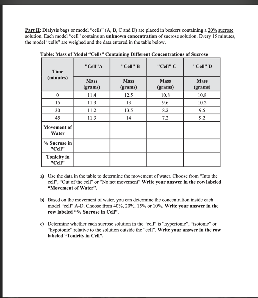 Solved Part II: Dialysis bags or model "cells” (A, B, C and | Chegg.com