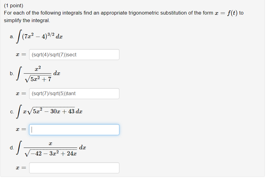 Solved (1 point) For each of the following integrals find an | Chegg.com