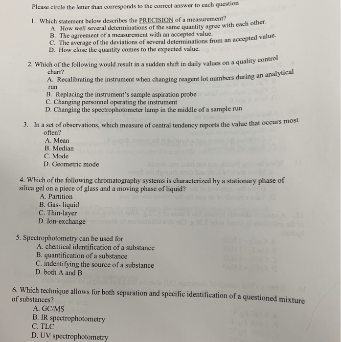 Solved Please circle the letter than corresponds to the | Chegg.com