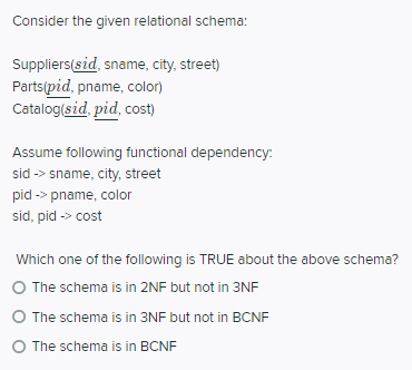 Solved Consider the given relational schema: Suppliers sid, | Chegg.com
